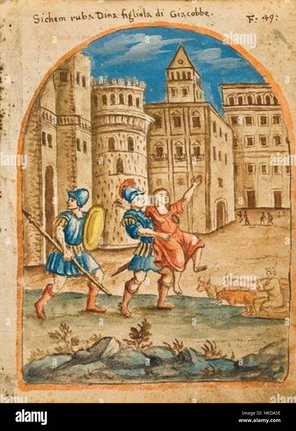 This artwork depicts the biblical story of Shechem seizing Dinah from ...