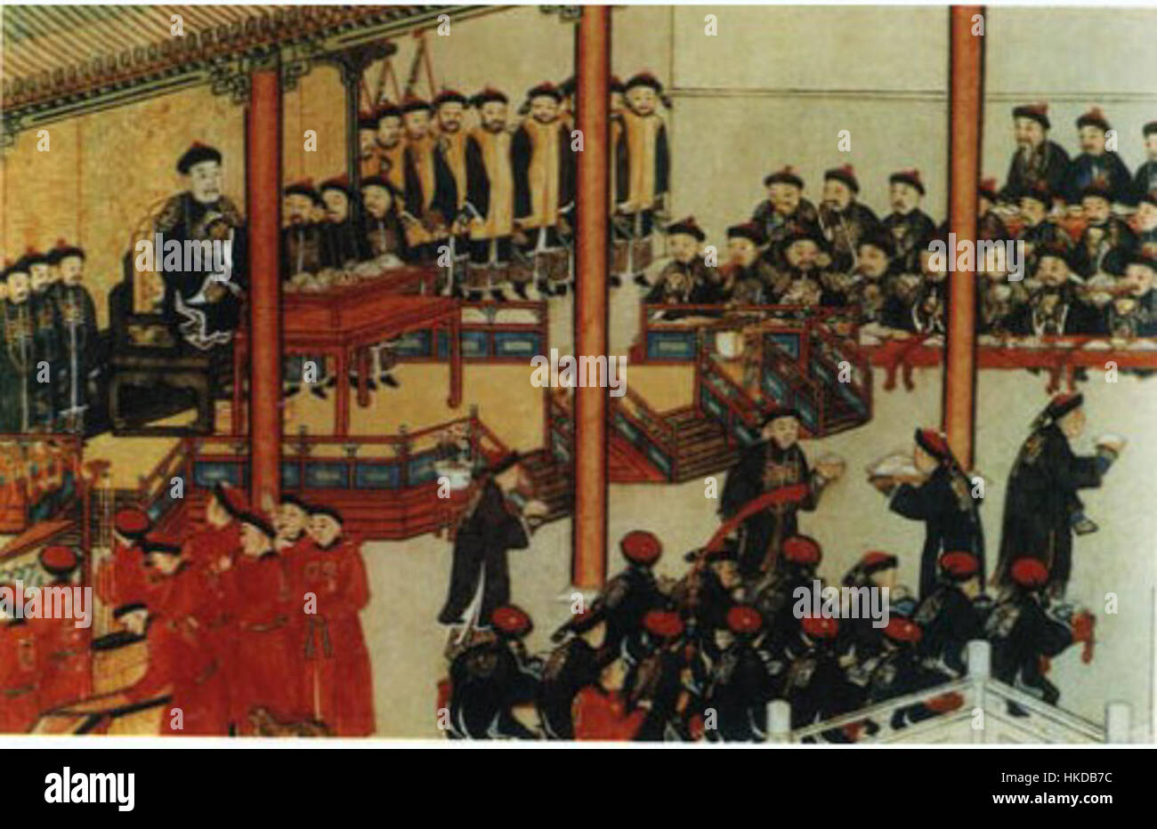 This painting depicts an emperor seated at a lavish banquet, surrounded ...