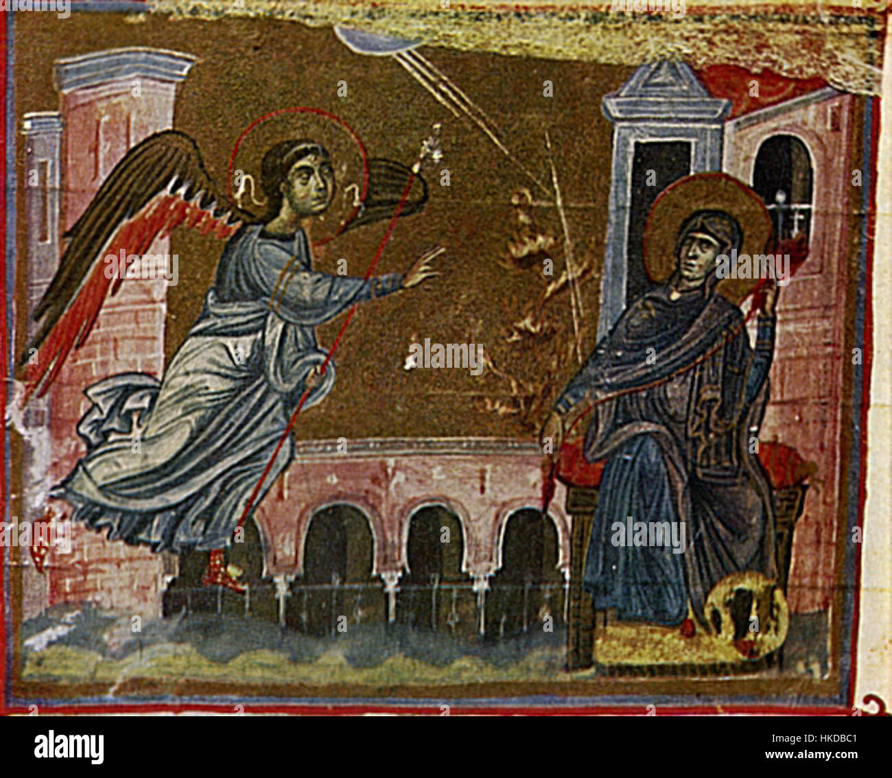 *The Annunciation* from the Dionysiou manuscript, folio 150r, depicts ...