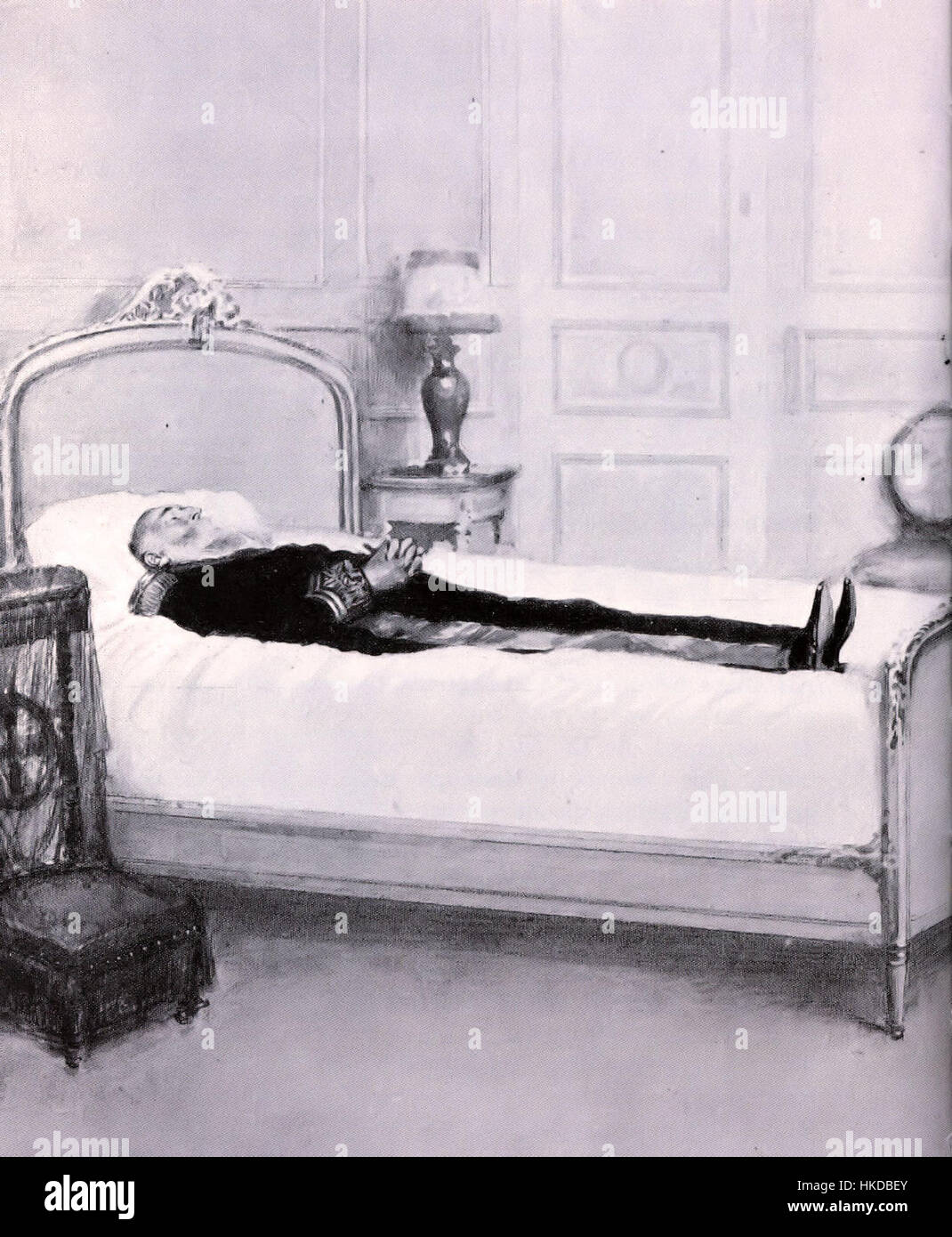 This historical artwork depicts the death of King Leopold II of Belgium ...