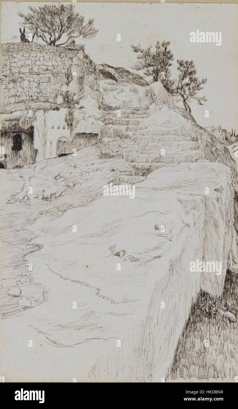 This artwork depicts the tombs in the Valley of Hinnom, an ancient ...