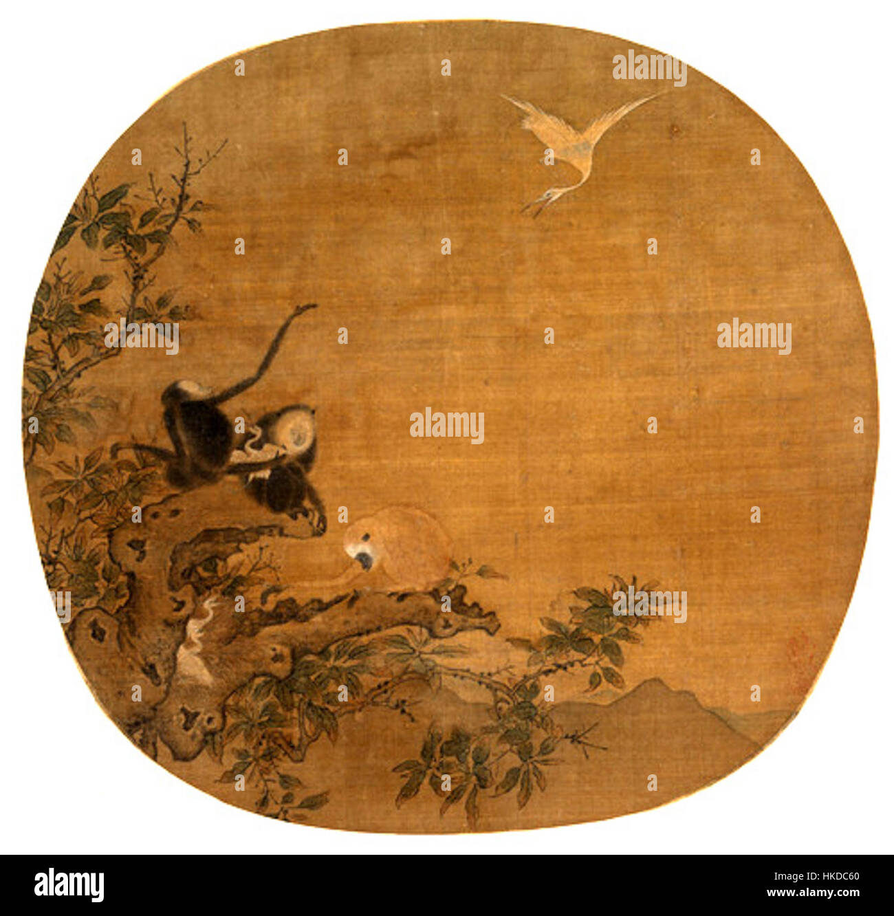 This painting depicts three gibbons in a dynamic scene, catching egrets ...