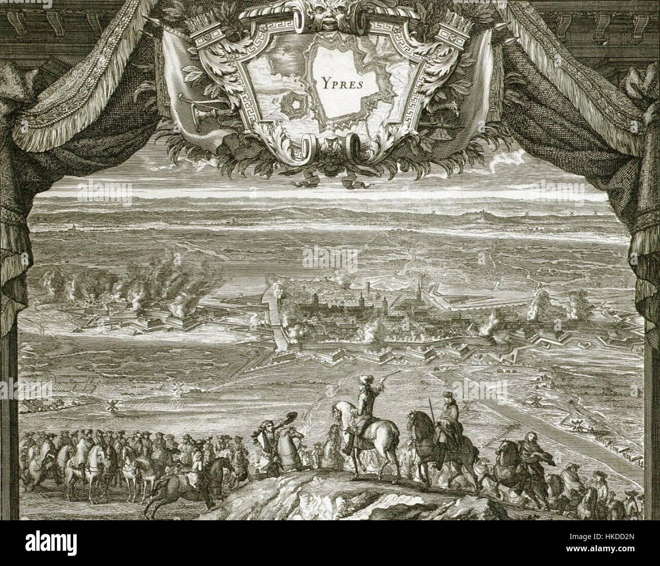 This historical painting depicts the city of Ypres in 1678, capturing ...