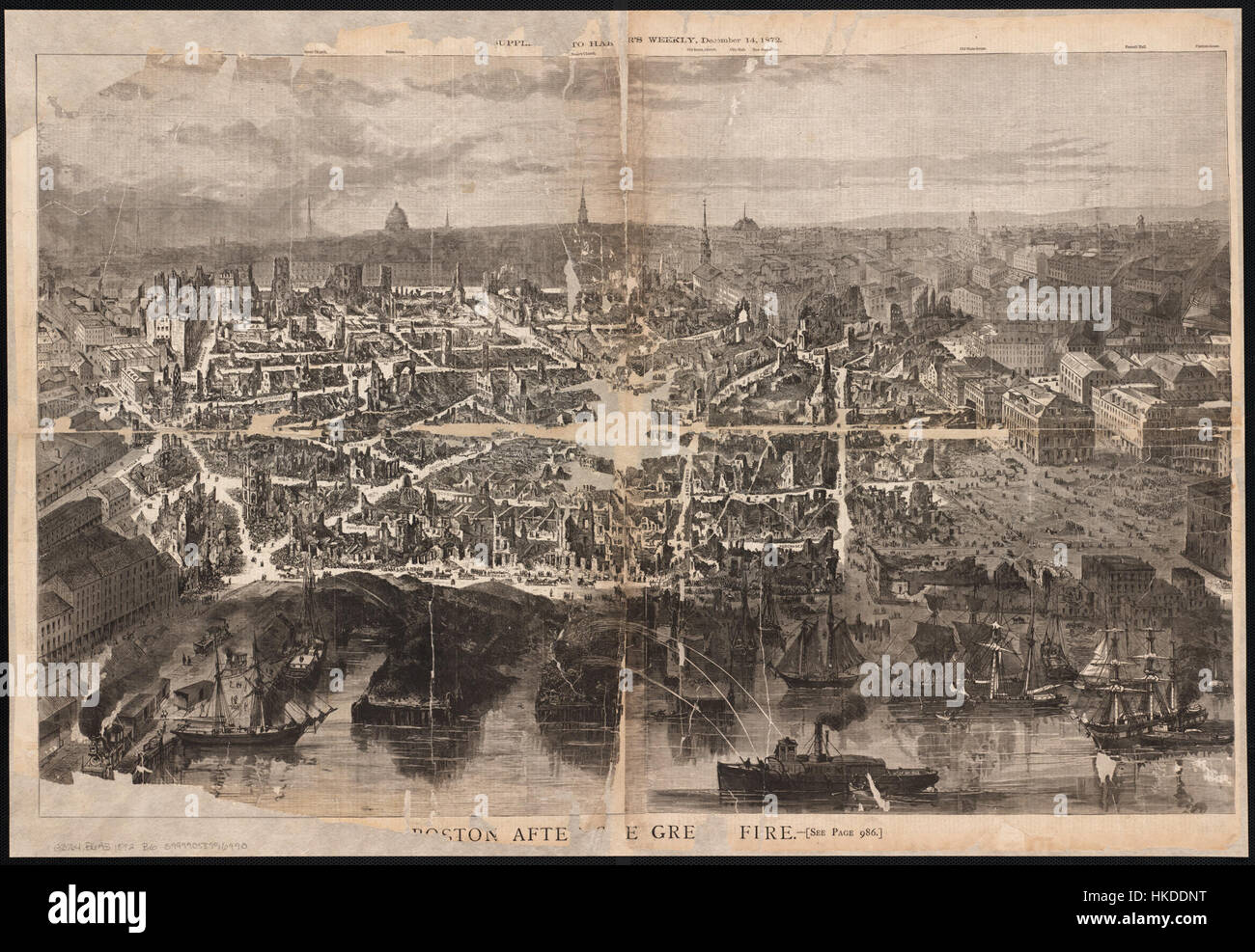 This artwork depicts the aftermath of the Great Boston Fire of 1872 ...
