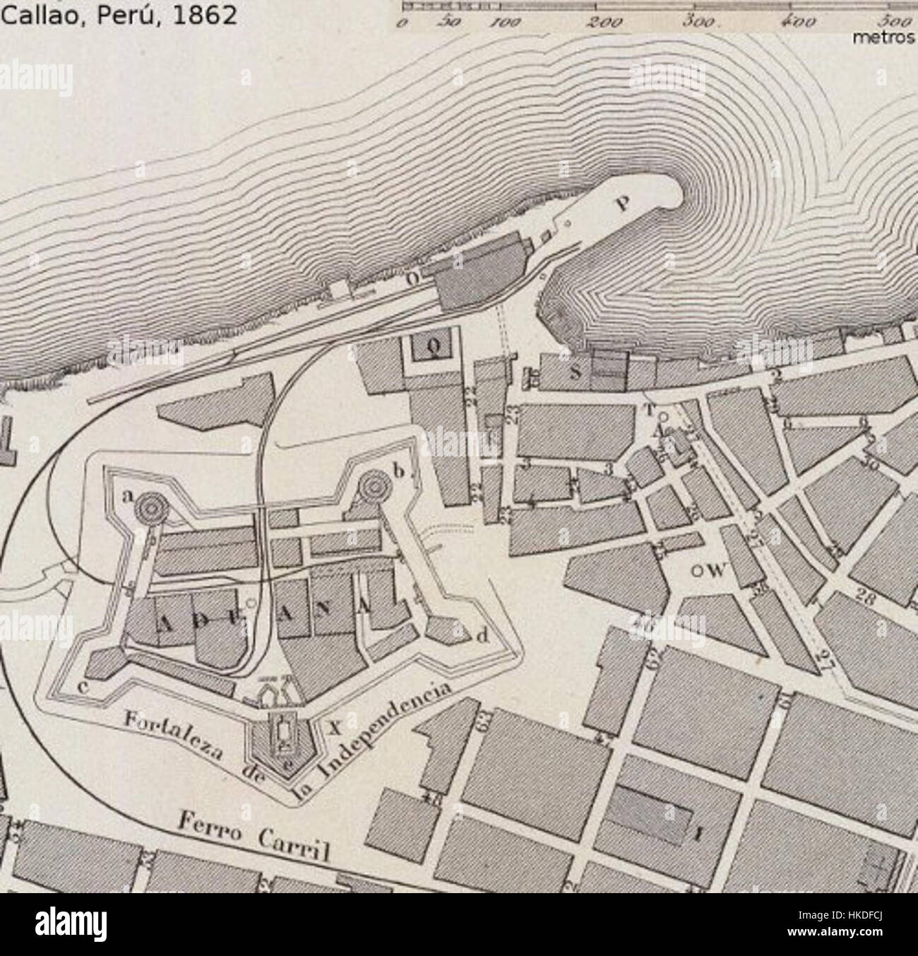 This historical painting depicts the port of Callao in Peru, circa 1862 ...