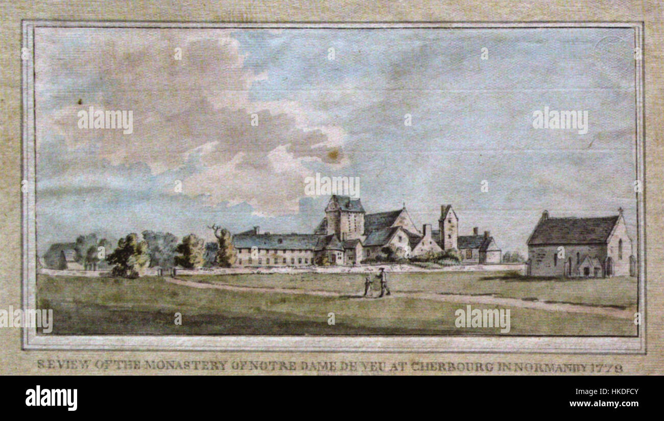 This 1779 painting depicts the Abbaye du Vœu in Cherbourg, showcasing ...