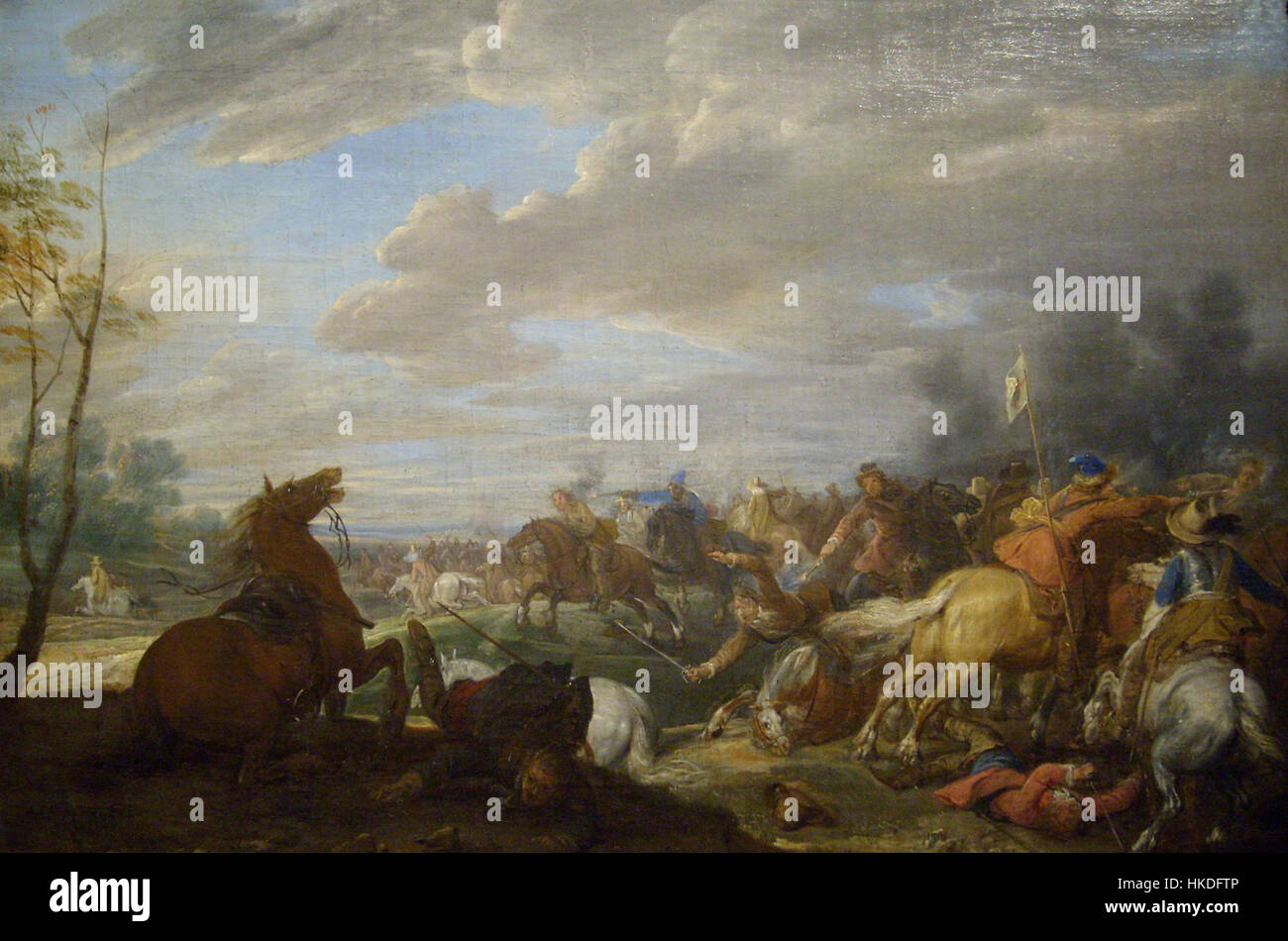 A painting titled 'Choc de cavalerie' depicting a cavalry charge in a ...