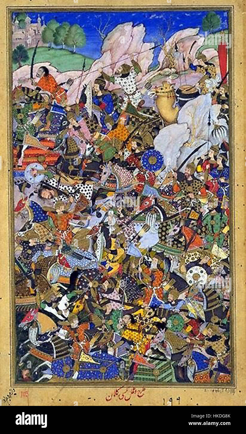 This painting depicts a historic battle outside Bundi Fort, an ...