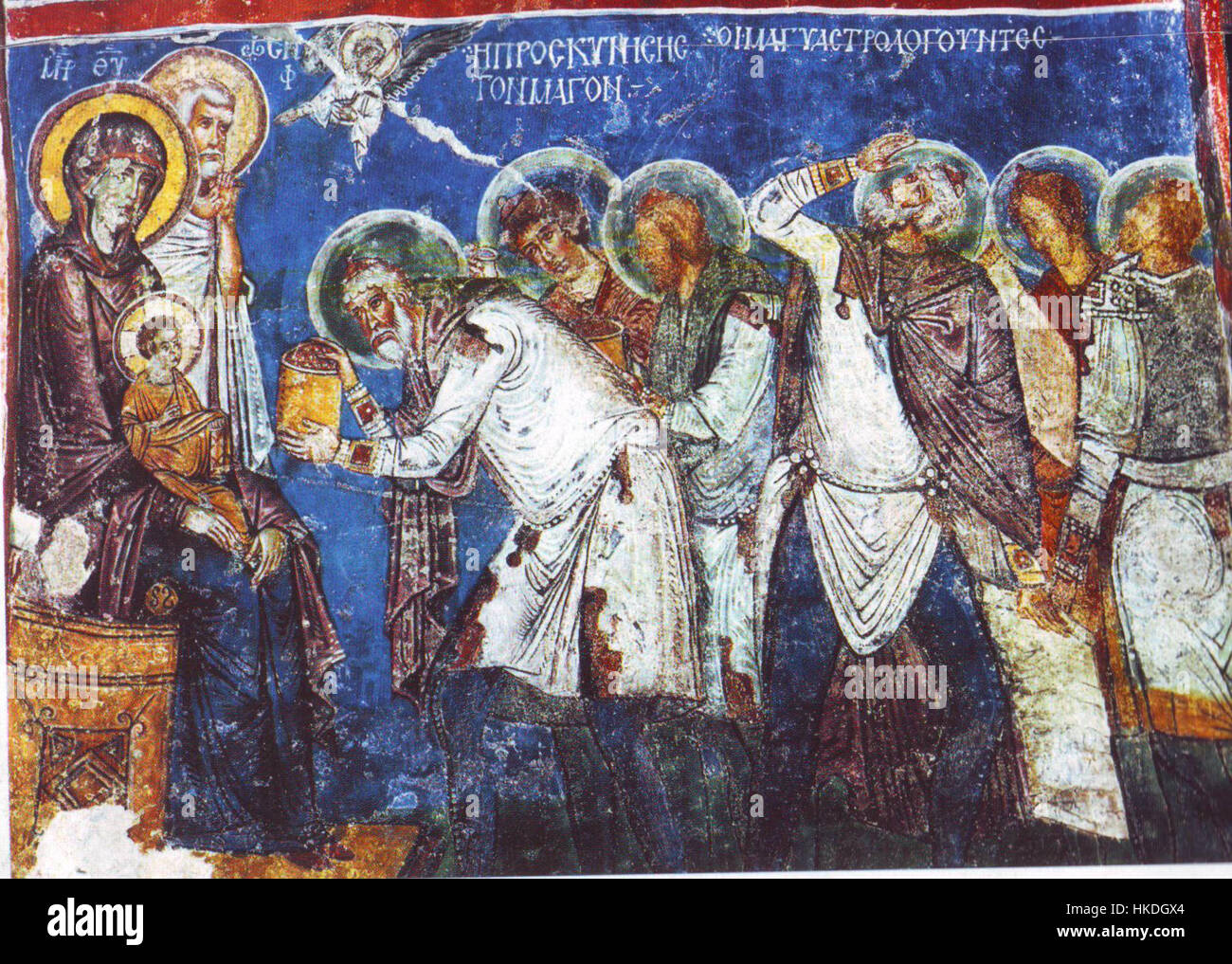 This artwork depicts the Three Magi, or Wise Men, in a nativity scene ...