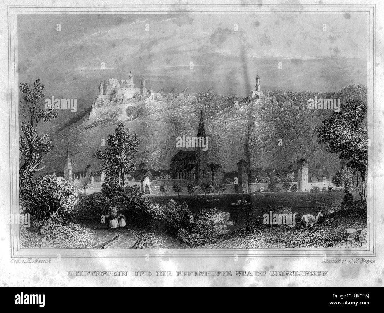This artwork depicts the town of Geislingen and the Burg Helfenstein ...