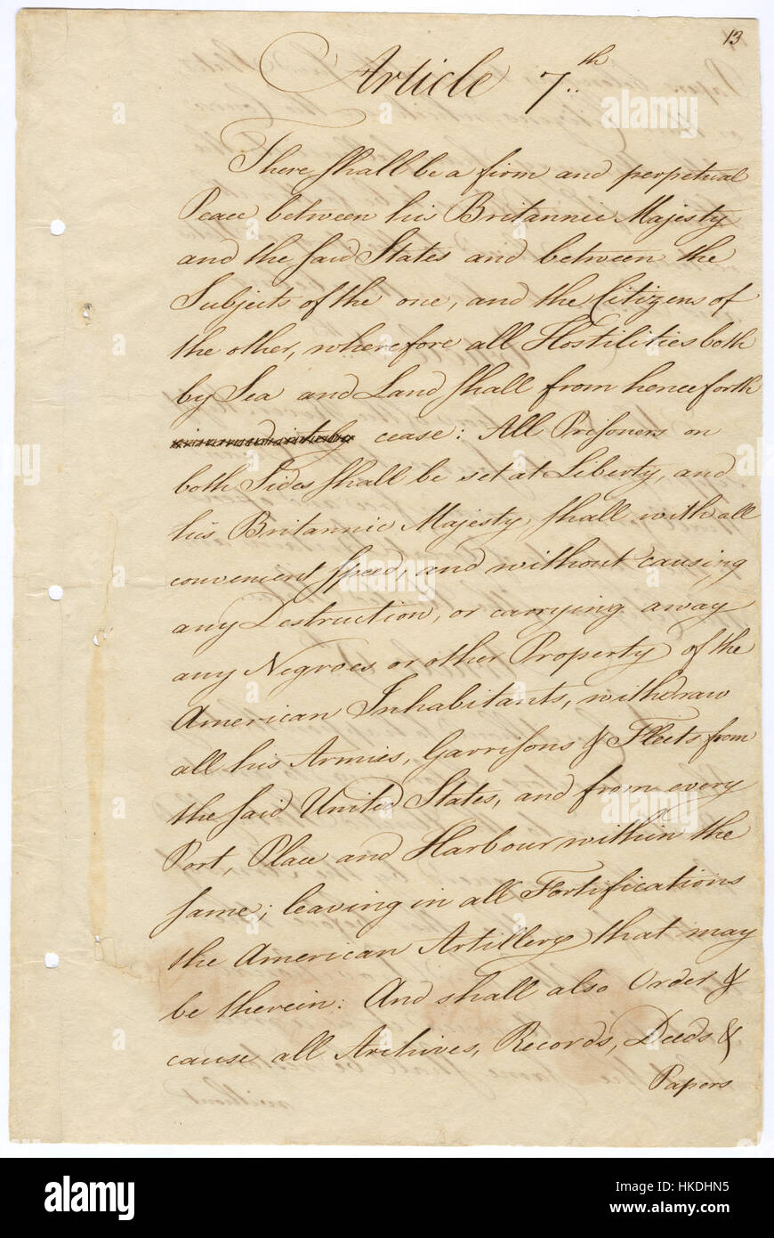The 13th page of the Treaty of Paris, a crucial document in the history ...