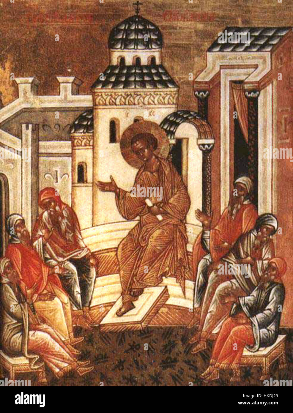 This religious artwork depicts a 12-year-old Jesus in the temple ...