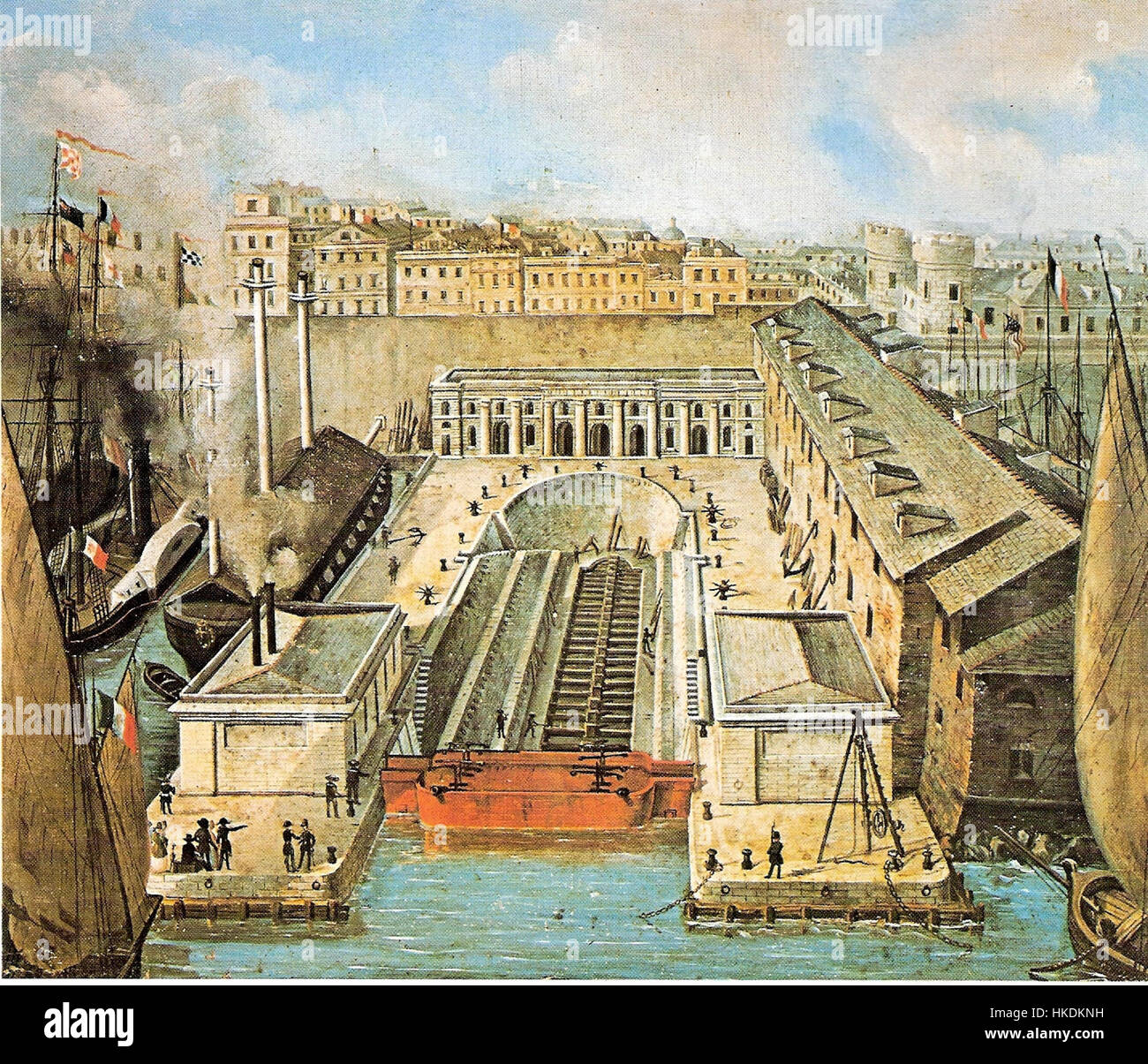 This historical artwork depicts the dry dock (bacino di carenaggio) of ...