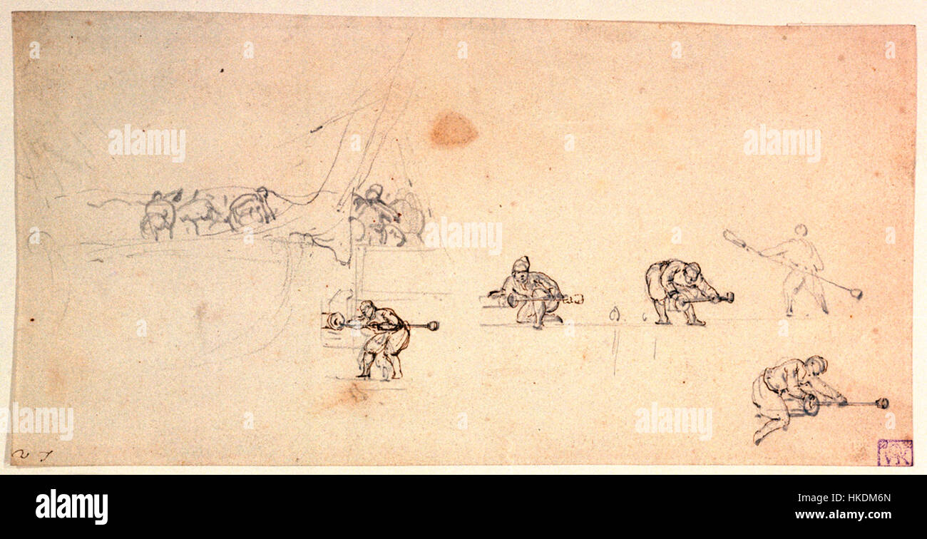 This artwork depicts the process of gunloading, showing historical ...