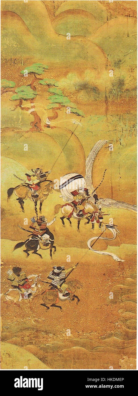 This historical painting, 'Genpei Kassen Ezu.1,' depicts a scene from ...
