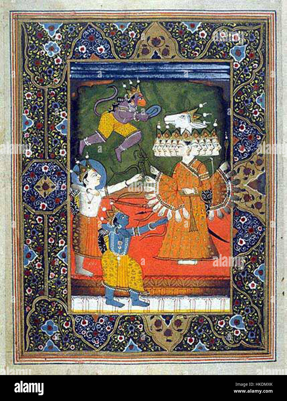 This artwork depicts the legendary battle between the Hindu gods Rama ...