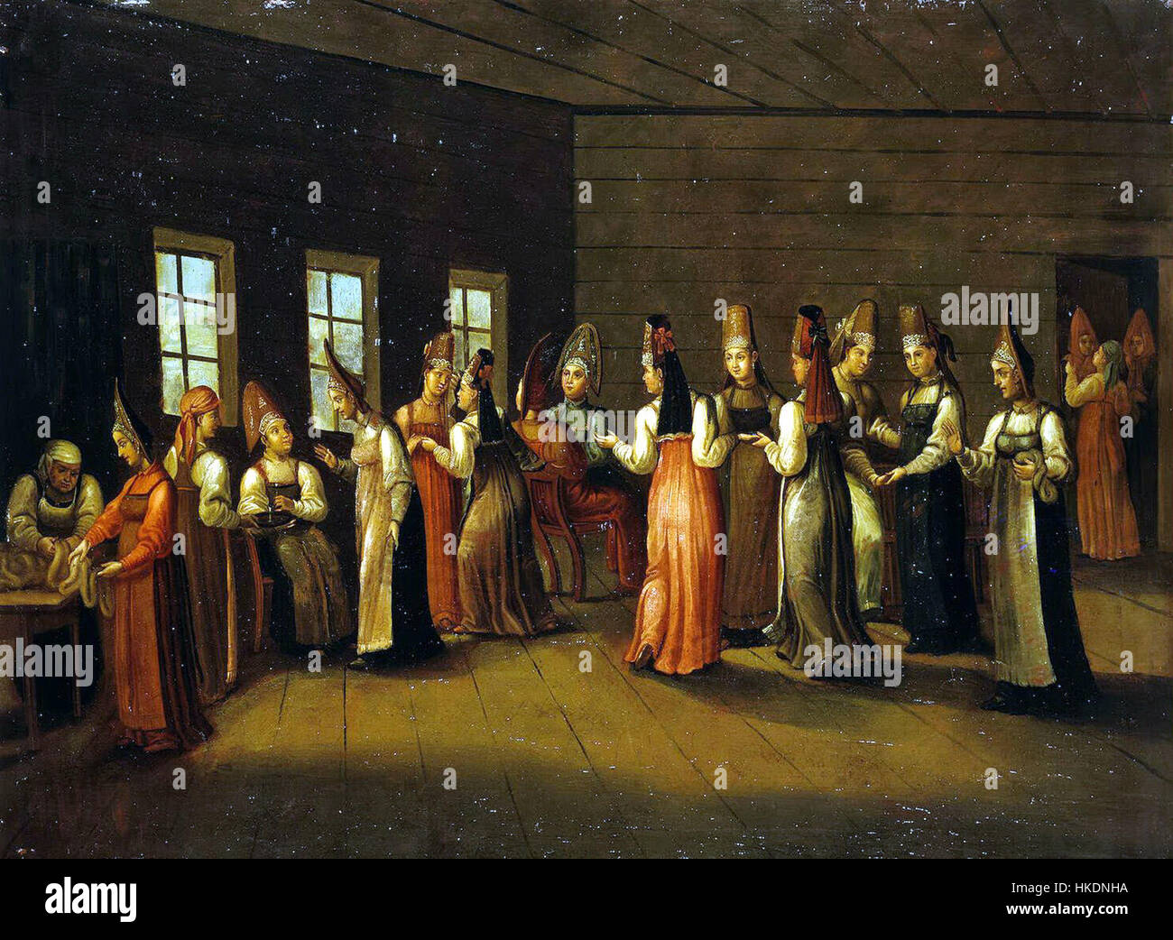 This 19th-century Russian painting, titled 'Devichnik v kupecheskom ...