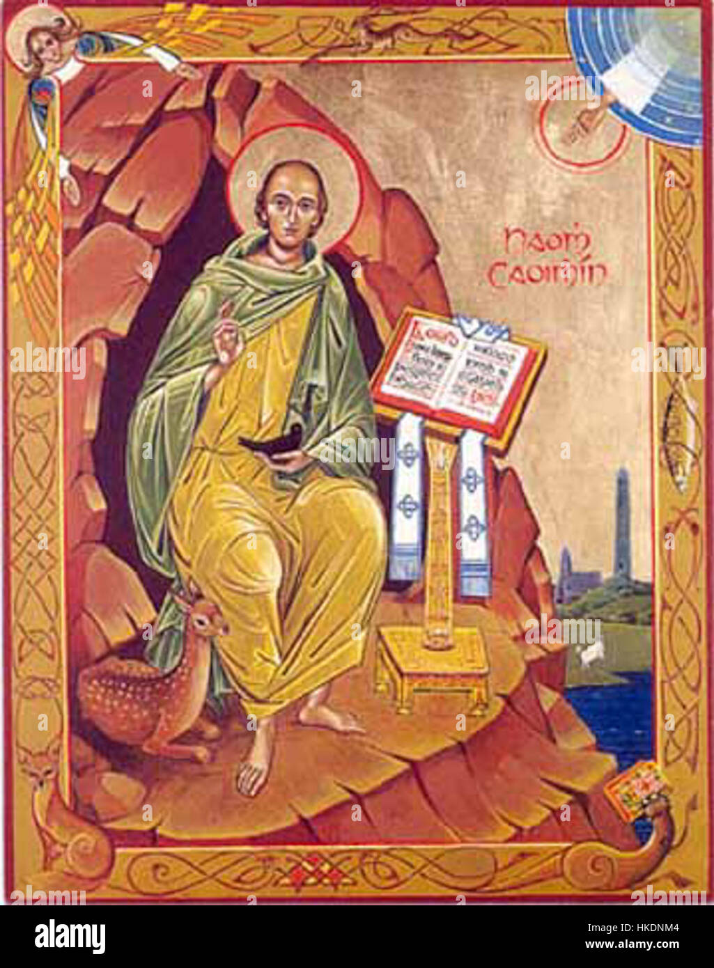 A painting or depiction of Saint Kevin, known as Coemgen, an Irish ...