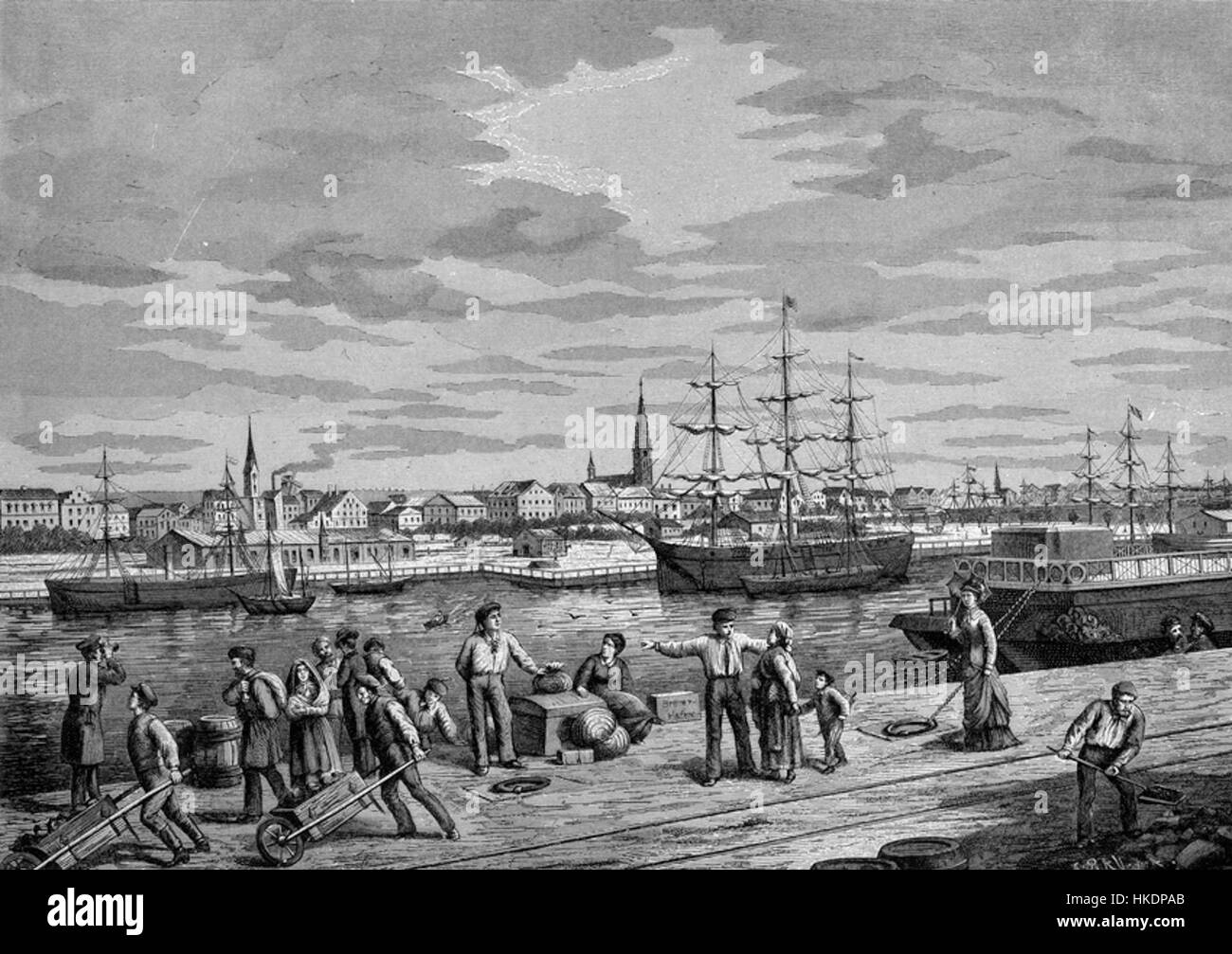 An artwork depicting Neuer Hafen in Bremerhaven in 1880, showing the ...
