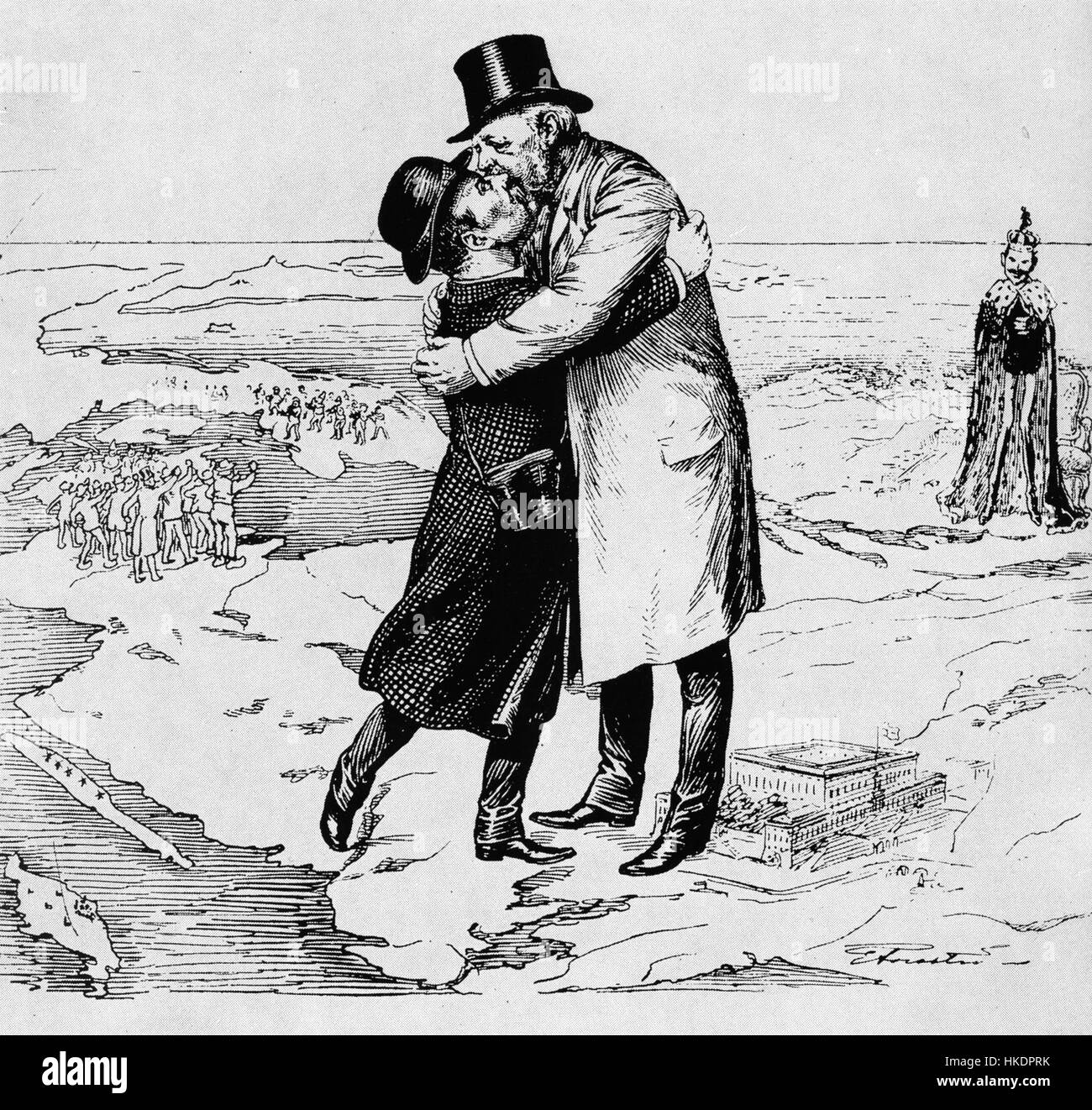 This artwork depicts King Oscar II of Sweden embracing King Frederik ...