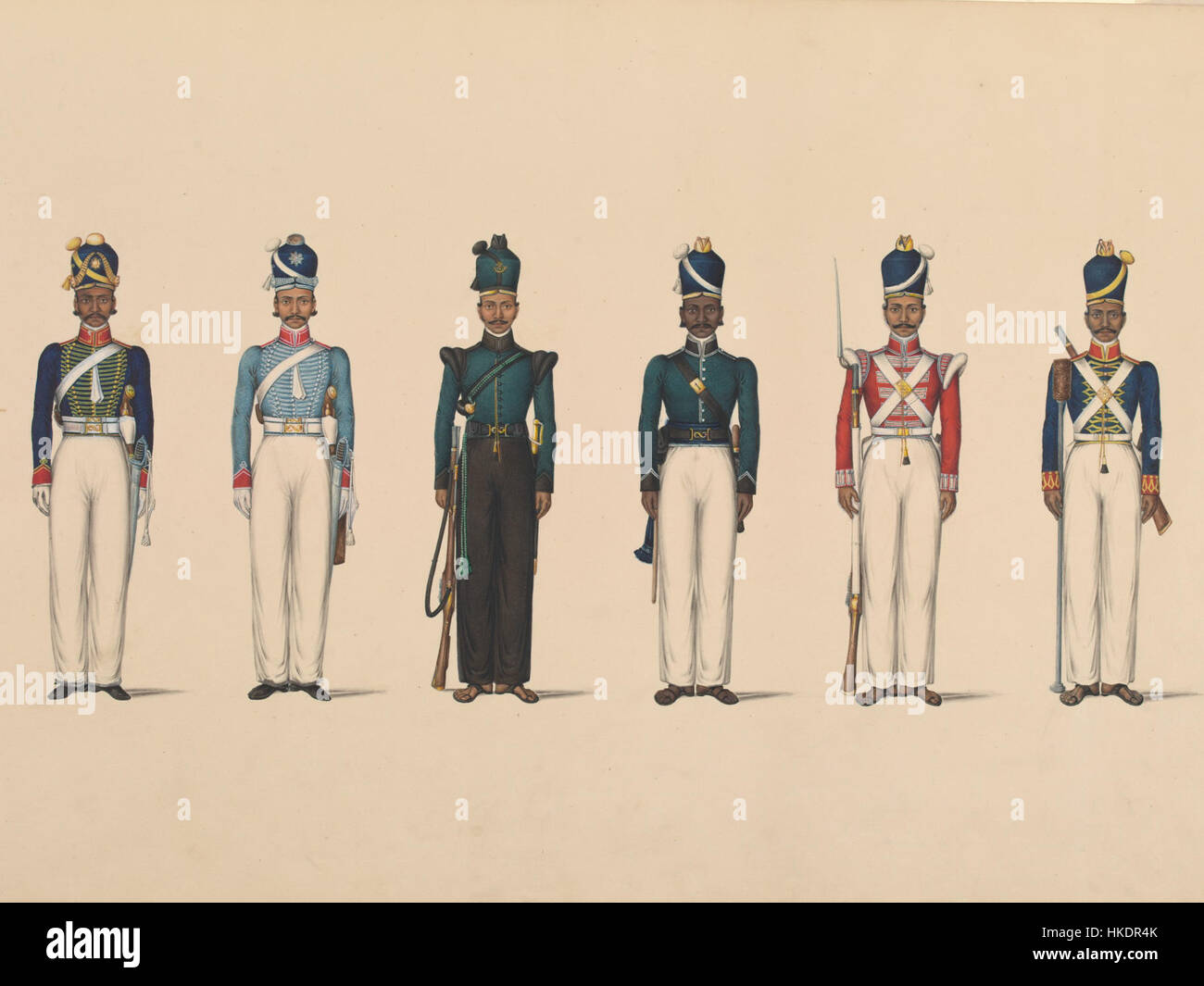 This artwork depicts six figures wearing historical military uniforms ...
