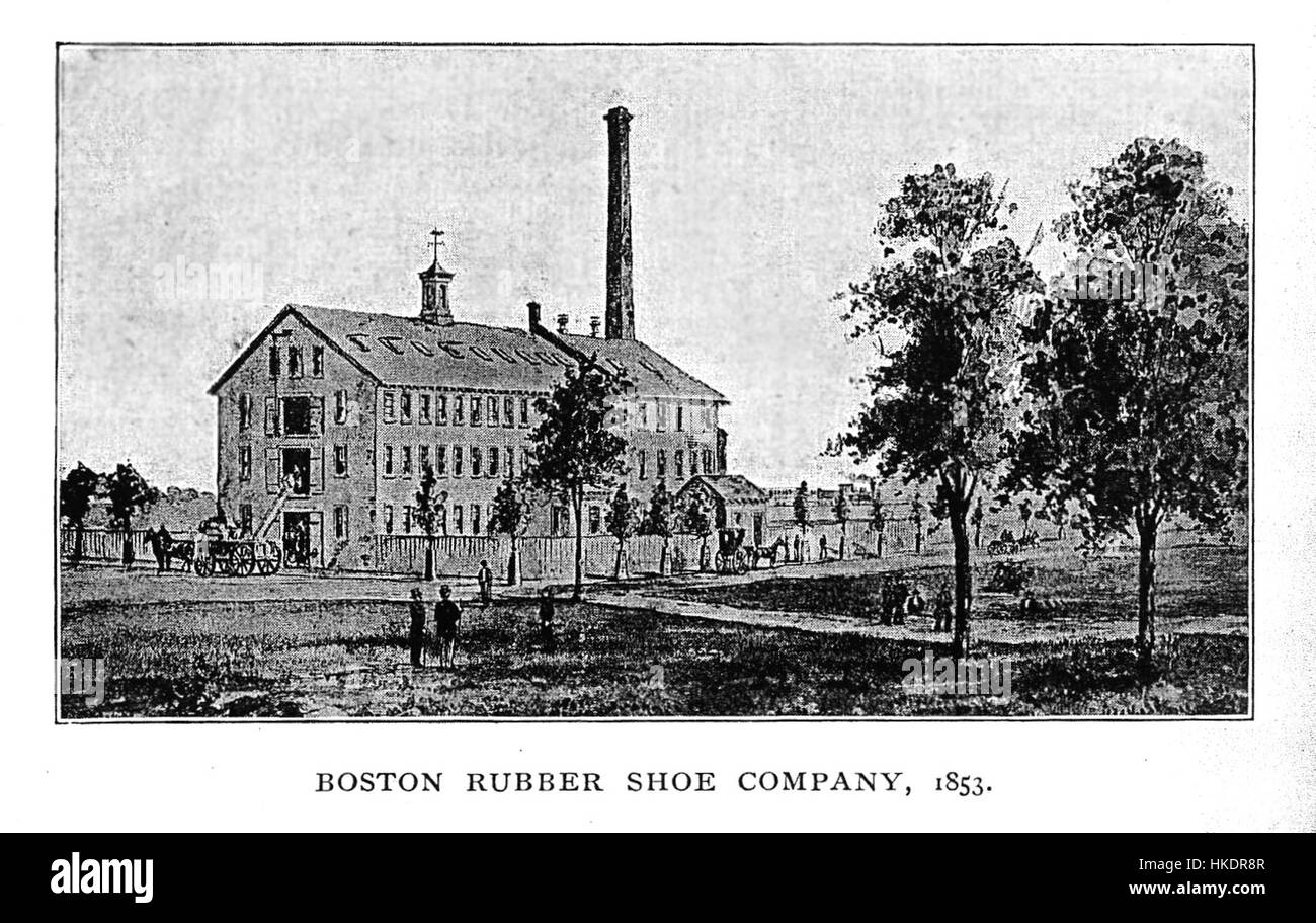 This historical painting depicts the Boston Rubber Shoe Factory in 1853 ...