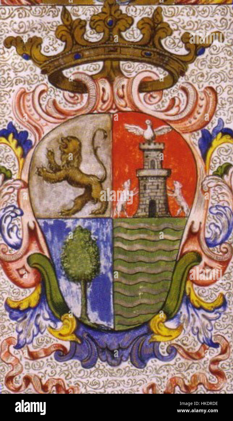 This artwork features the coat of arms of the Marquesado de Solanda, a ...
