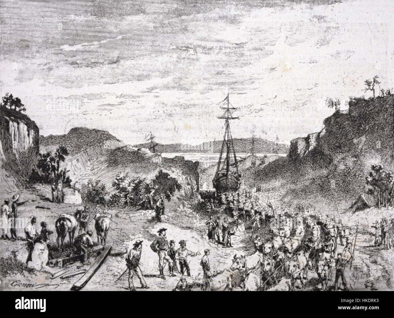 The artwork depicts Giuseppe Garibaldi and his men transporting boats ...
