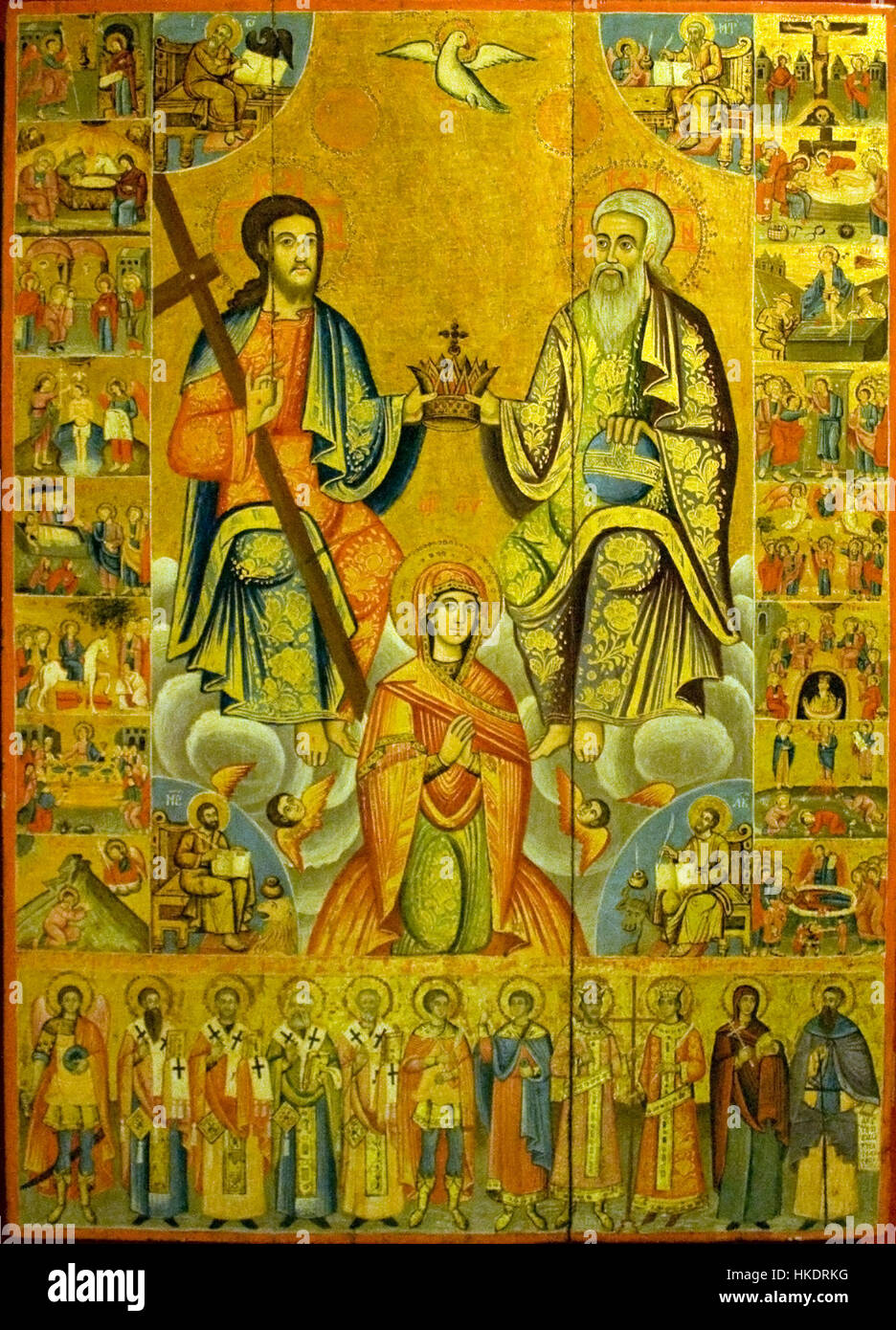 This religious painting depicts the Holy Trinity surrounded by various ...