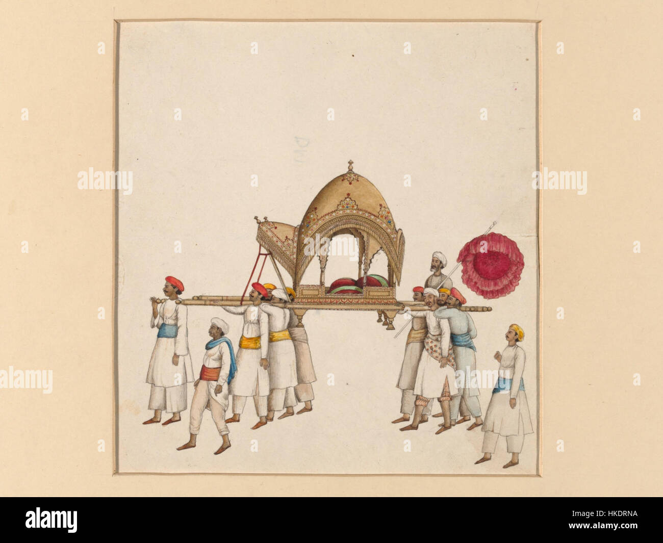 This artwork depicts a traditional covered sedan chair being carried by ...