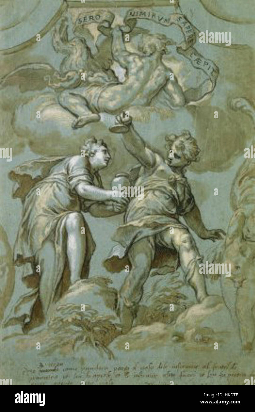 The mythological scene of Pandora offering her box to Epimetheus is ...