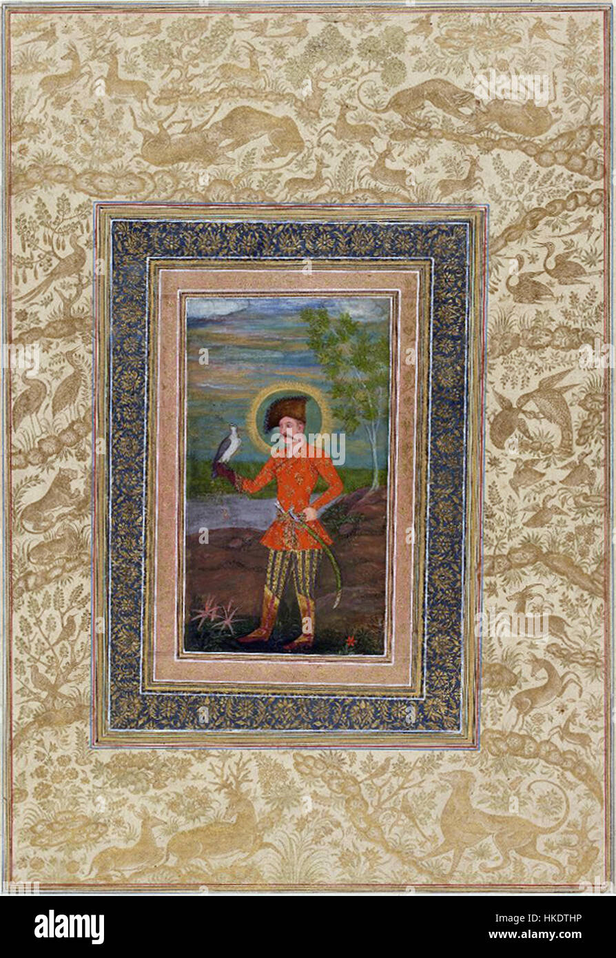 This oil painting depicts Shah Abbas II of Persia holding a falcon, a ...