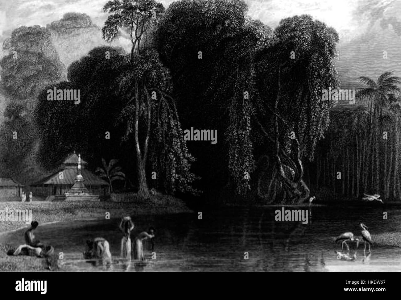 This engraving offers a detailed view of a Hindu temple and pond in the ...
