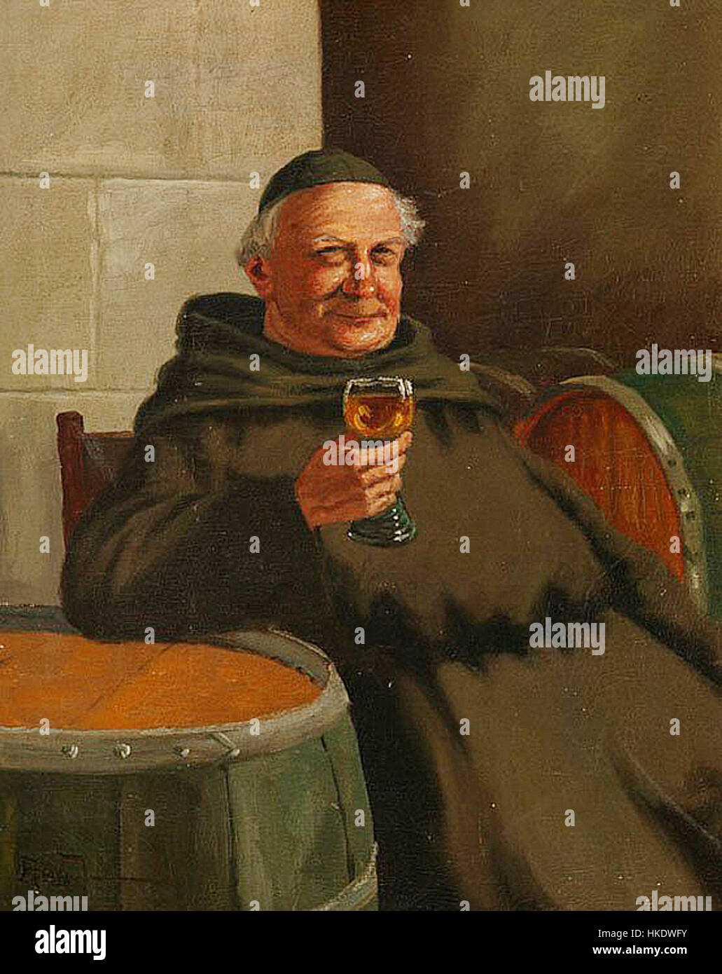 This 19th-century painting shows a monk drinking in a wine cellar ...