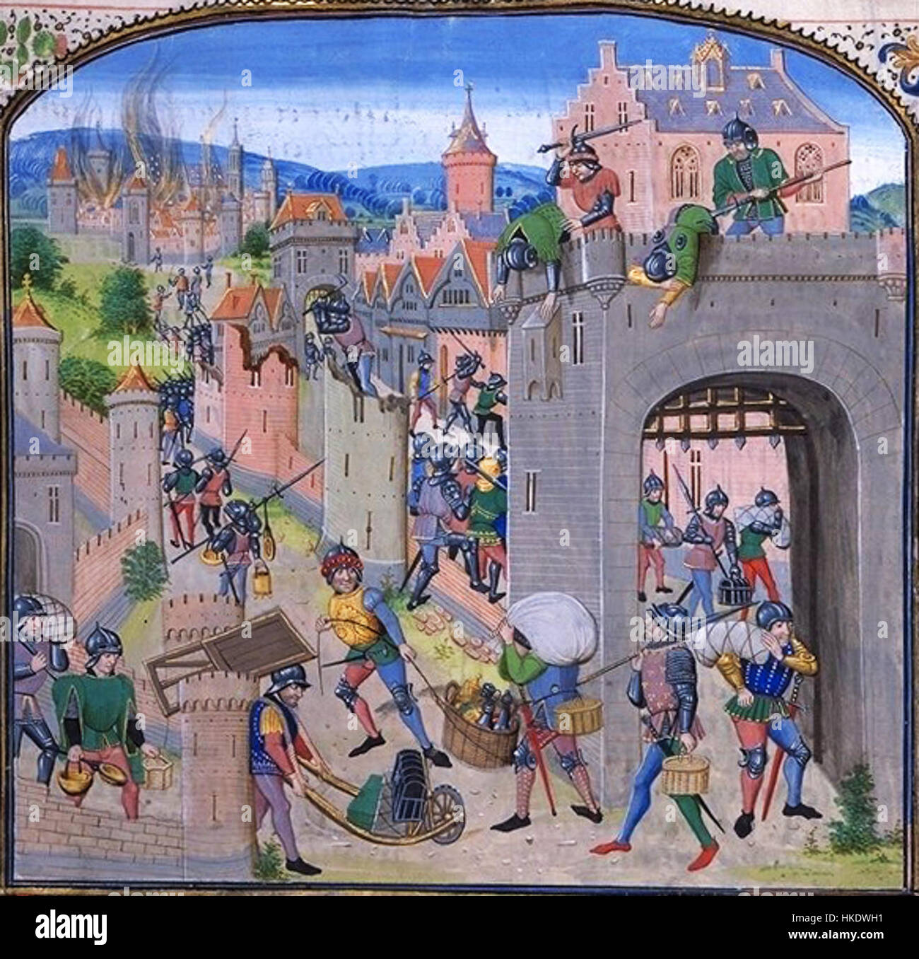 This artwork depicts the violent scene of a town's sack, a historical ...