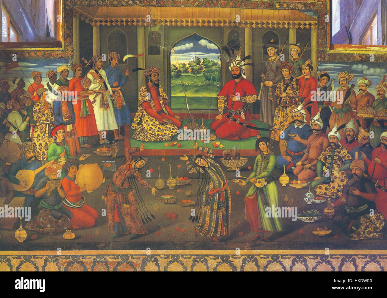 The *Fresco* from *Chehel Sotoun* depicts rich, detailed scenes from ...