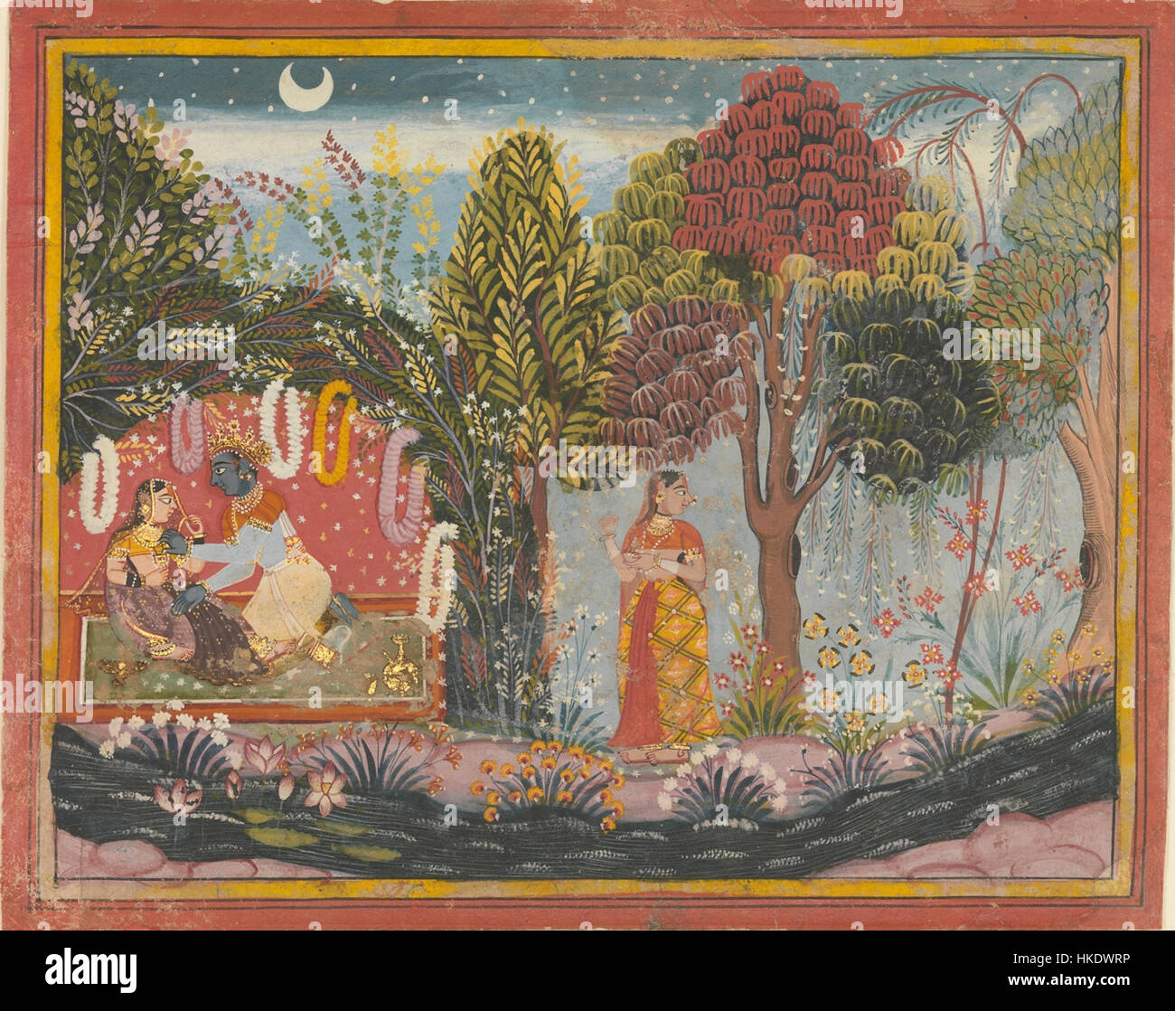 This oil painting depicts the divine couple Krishna and Radha, set in a ...