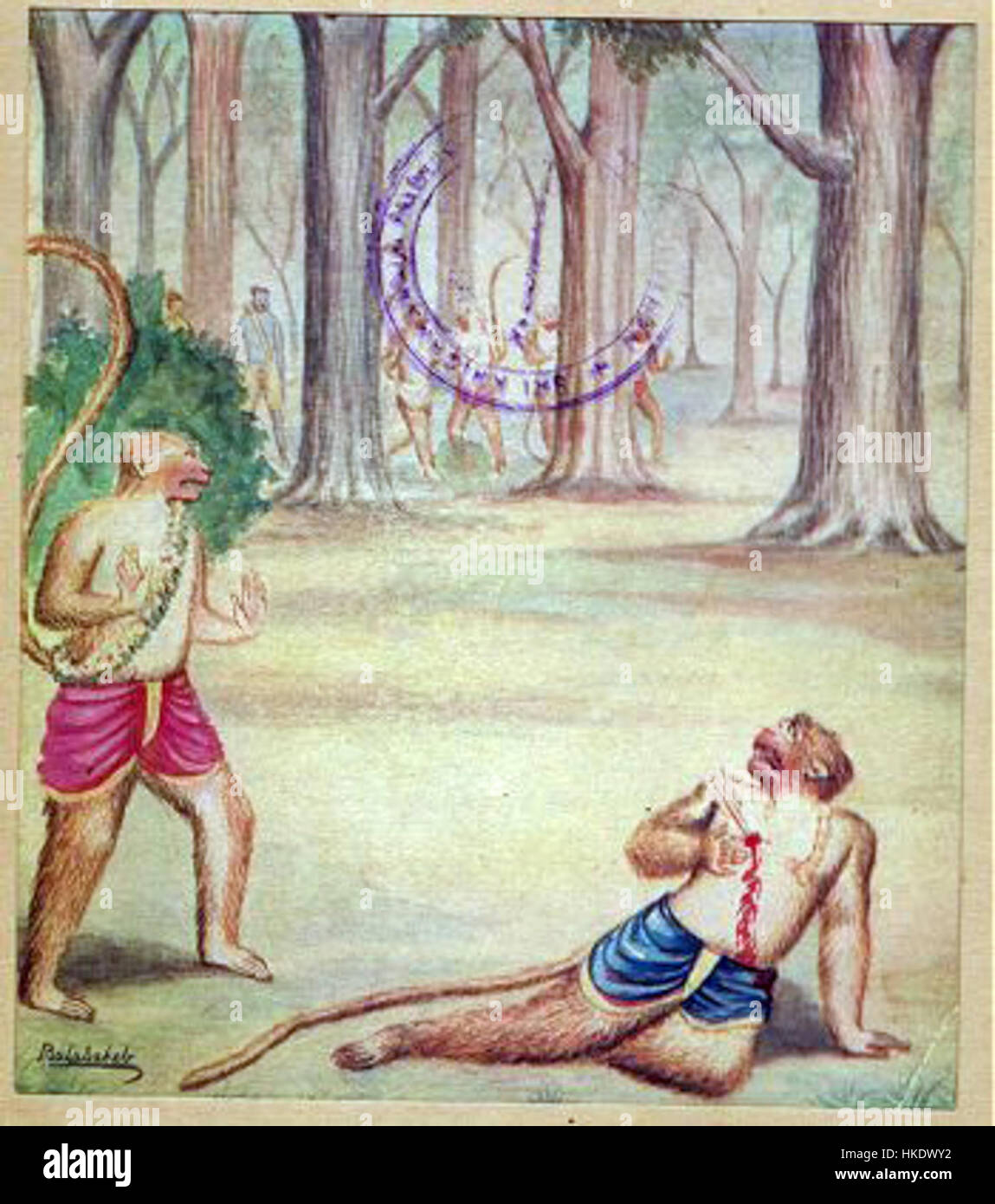 This artwork depicts the mythological scene of the killing of Vali, a figure from the Indian ...