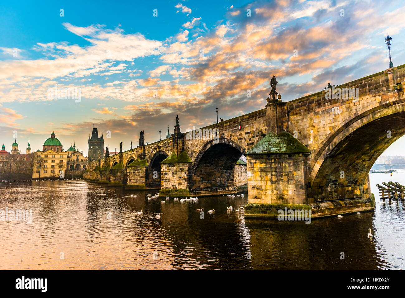 Moldova, Charles Bridge, Old Town Bridge Tower, sunrise, historic centre, Prague, Bohemia, Czech ...