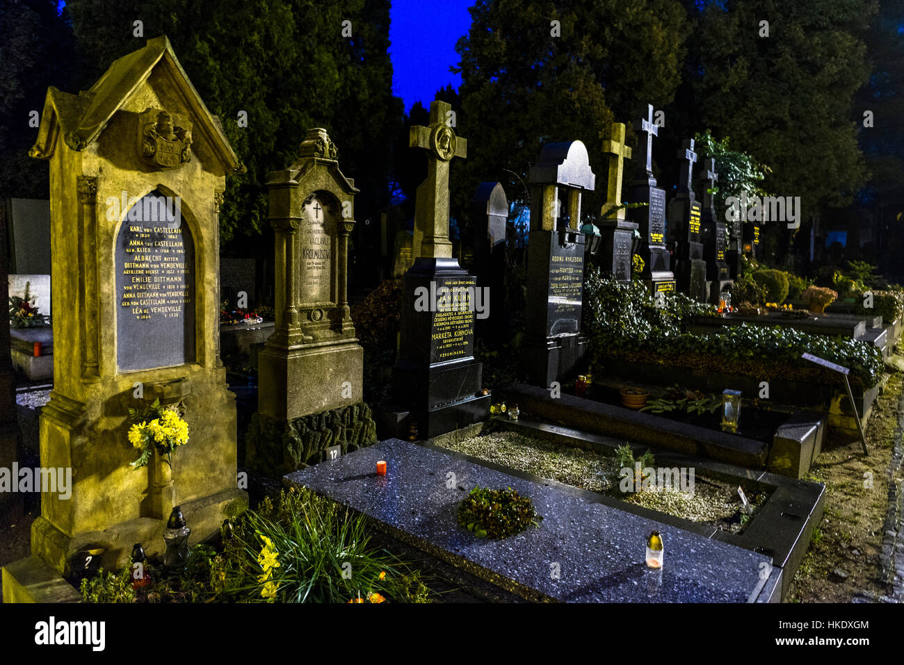 Vyšehrad Cemetery, night scene, Prague, Bohemia, Czech Republic Stock ...