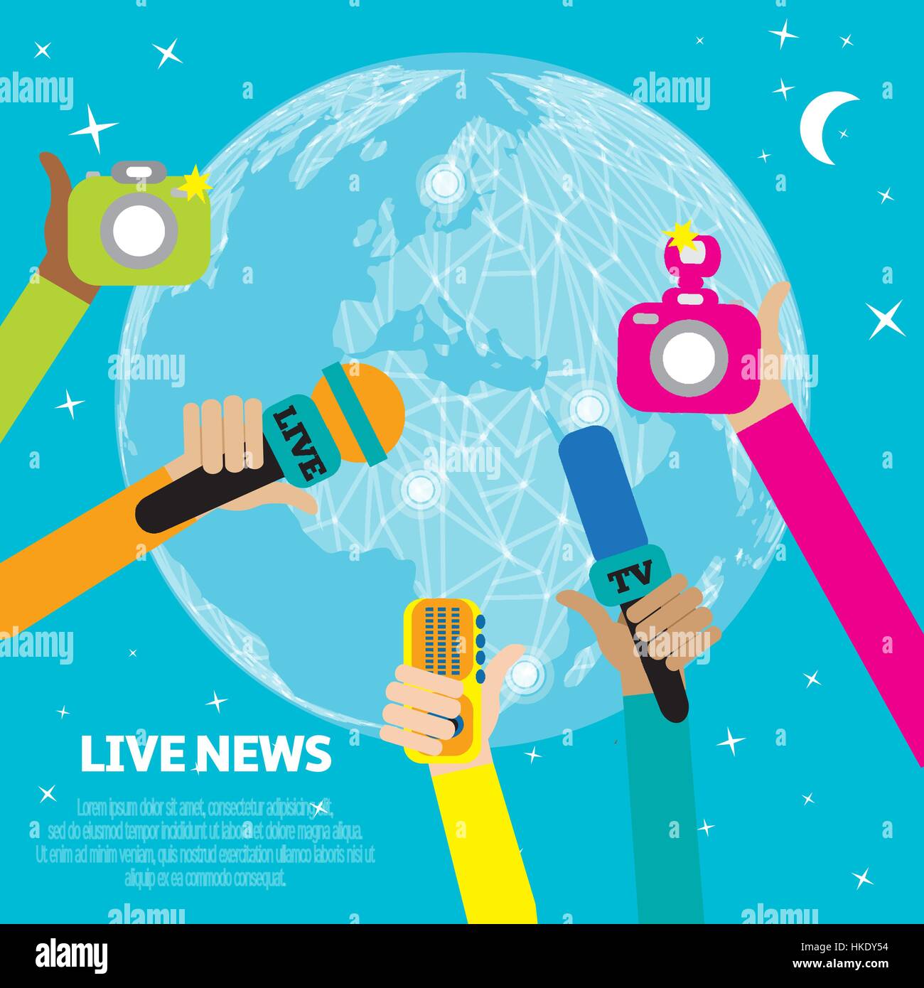 Live report concept, live news - set of hands holding microphones and ...