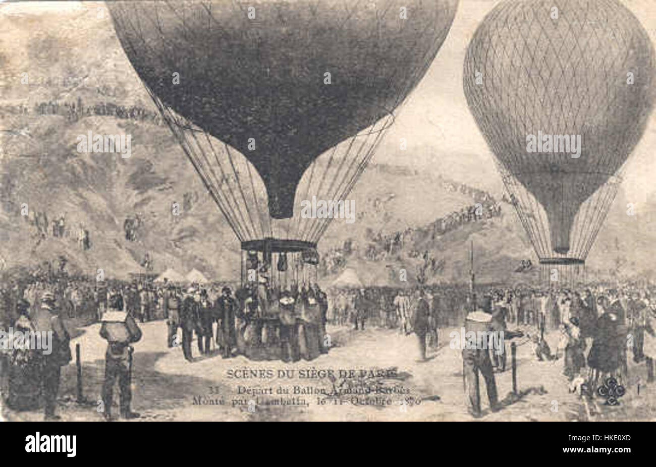 This historical postcard depicts a hot air balloon ascent, capturing ...