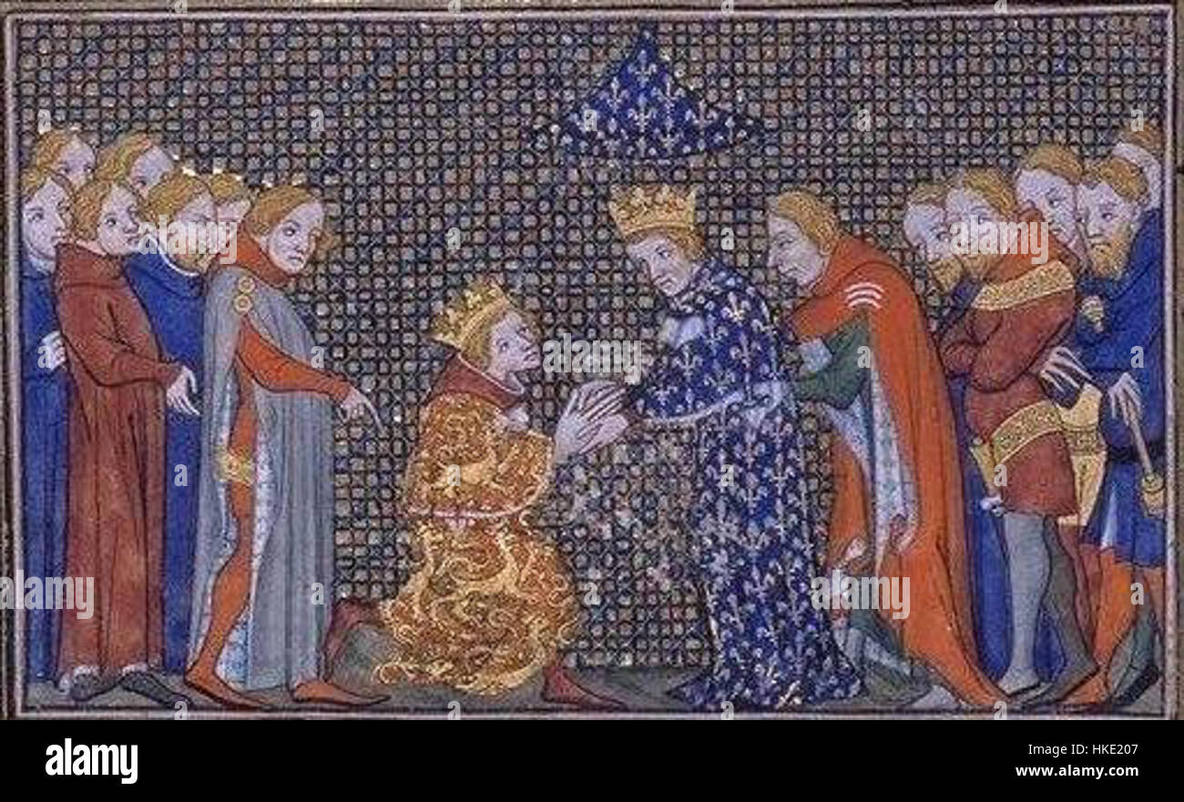 This historical artwork depicts the meeting between King Edward III of ...