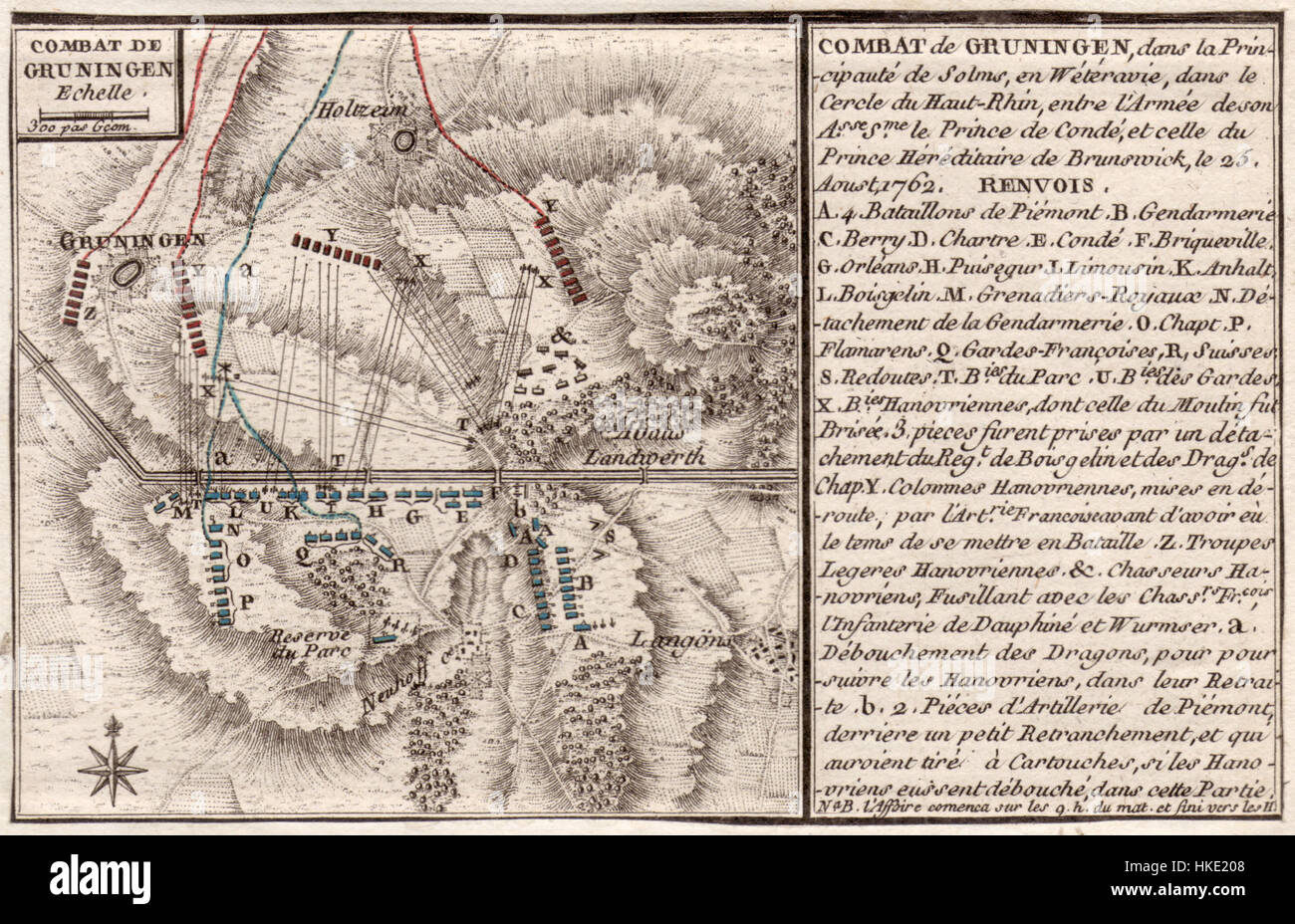 A painting titled *Combat de Gruningen 1762*, depicting a historical ...