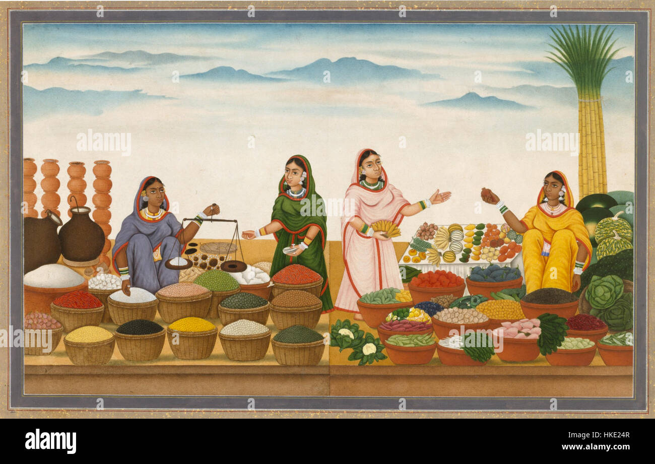 Four women selling food grains, vegetables and fruit Stock Photo - Alamy
