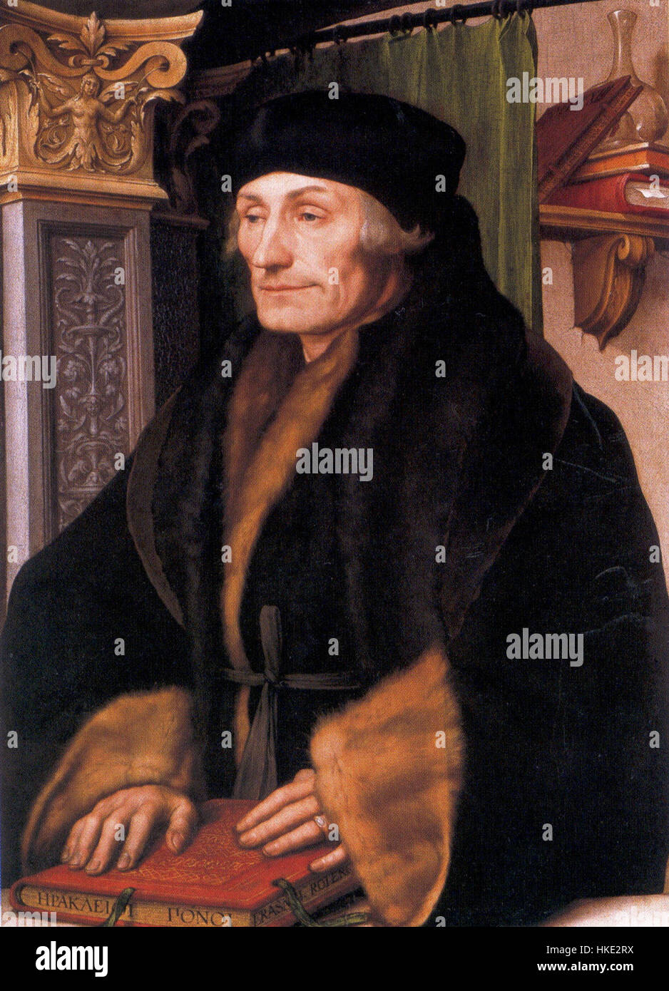 'Desiderius Erasmus' by Hans Holbein is a detailed portrait of the ...