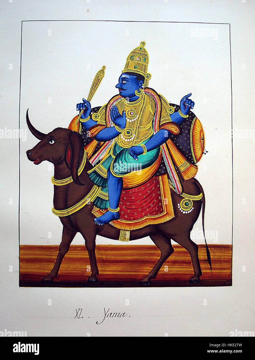 This depiction shows Yama, the Hindu god of death, portrayed with four ...