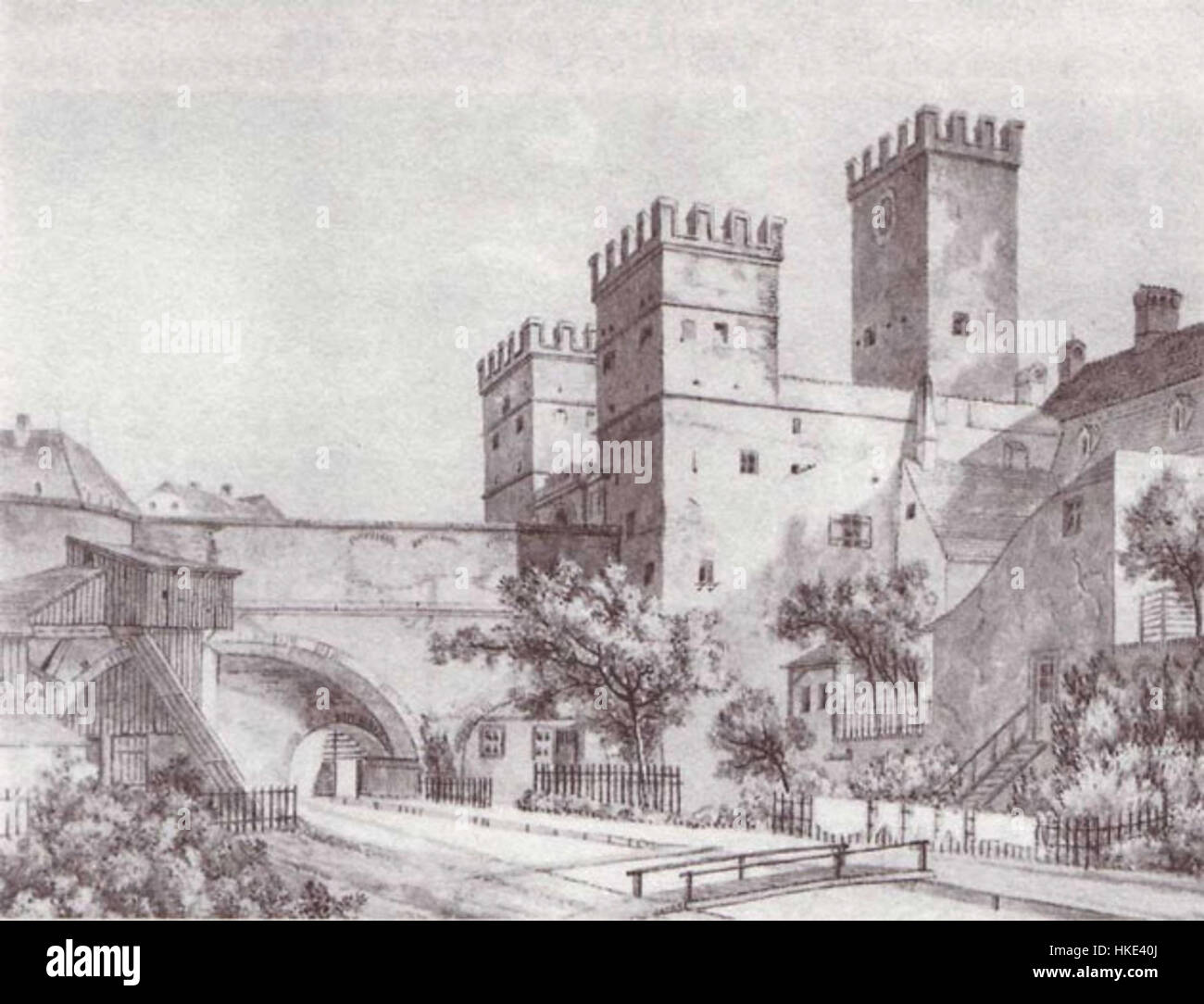 This artwork depicts the *Neuhausertor*, a historical gate dating from ...