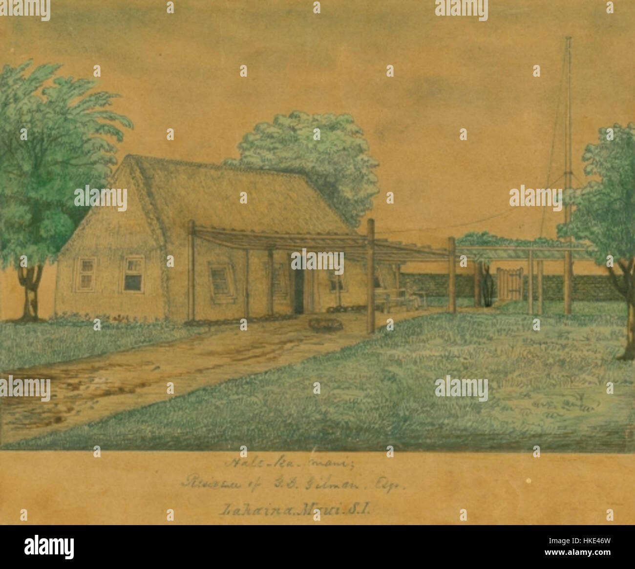 The painting 'Halekamani' features a traditional depiction of Hawaiian ...