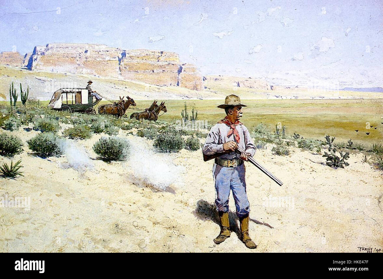 *Defending The Stagecoach* by Henry Farney depicts a dramatic scene of ...